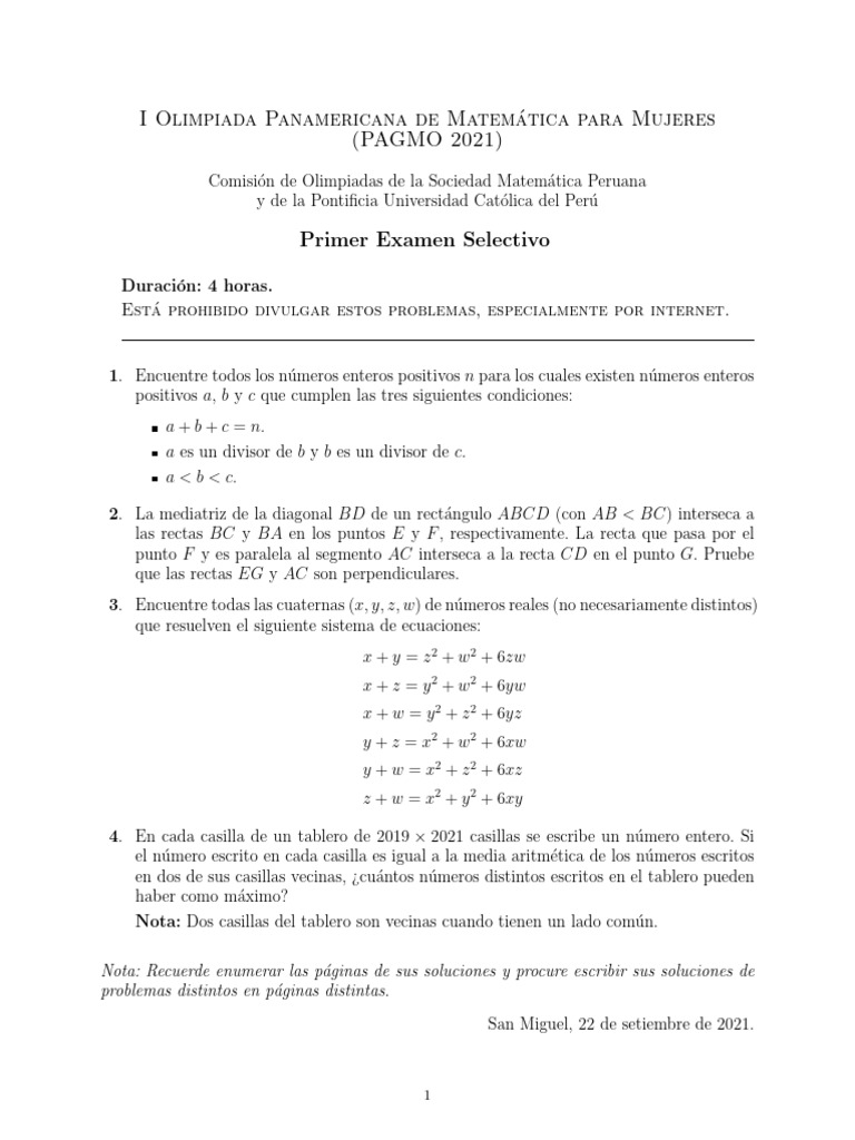 PAGMO 2021 - Selectivo | PDF | Teoría de los números | Matemáticas