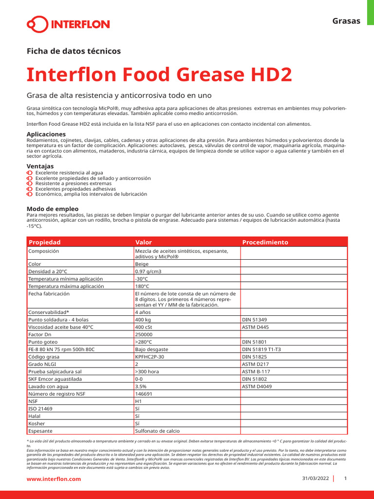 9151 TDS AR Es Interflon Food Grease HD2 | PDF | Rodamiento (Mecánico ...