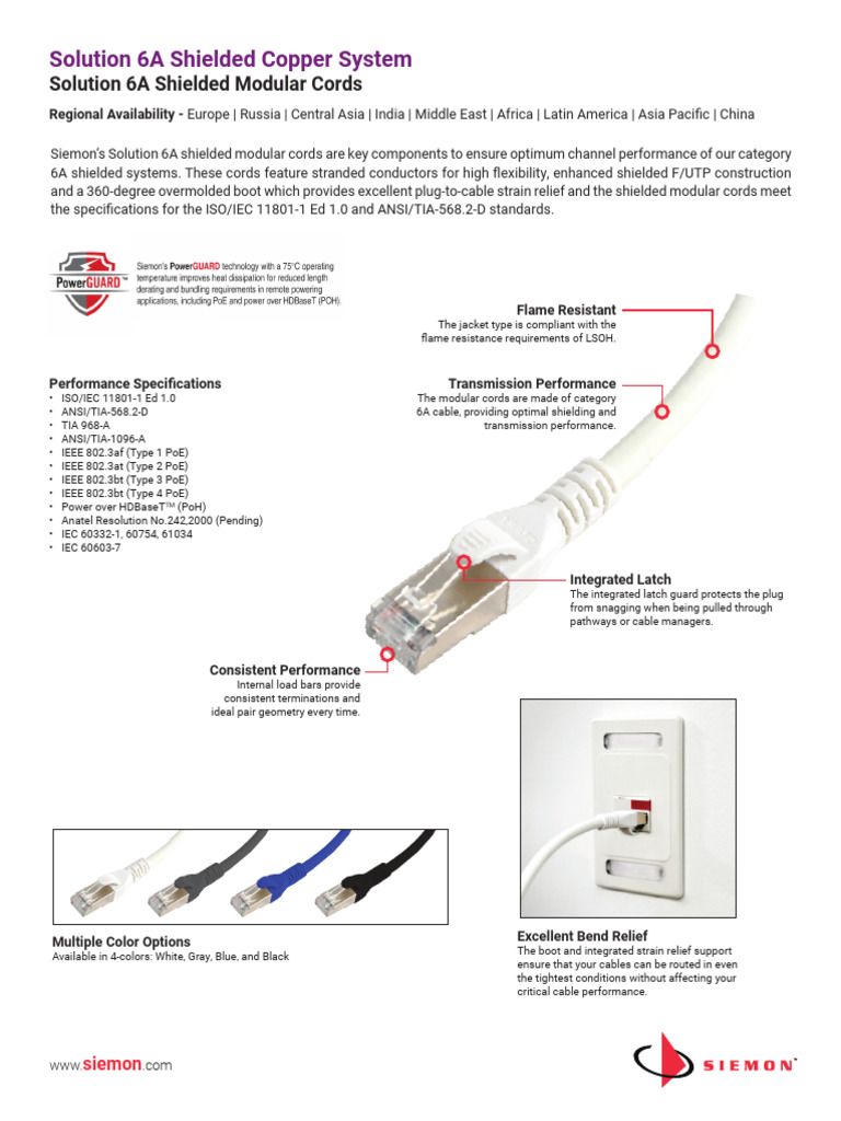 Siemon Solution 6a Shielded Modular Cords - Spec Sheet | PDF | Electrical Connector | Building ...