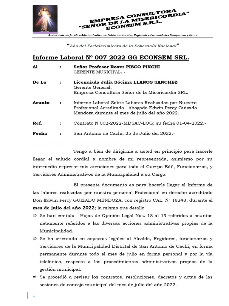 Informe Laboral #007-2022-San Antonio de Cachi 2022 | PDF | Gobierno ...