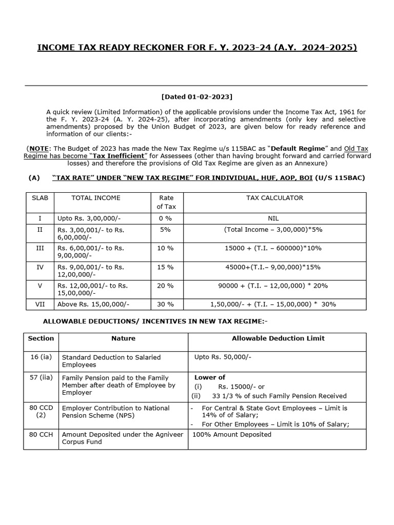 Income Tax Ready Reckoner - Budget 2023-1 | PDF | Expense | Taxes