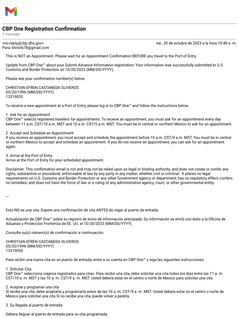 Gmail - CBP One Registration Confirmation | PDF | U.S. Customs And ...