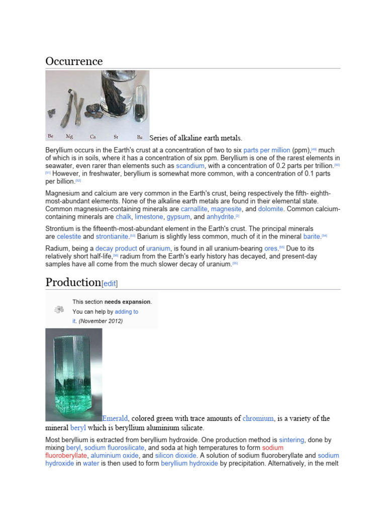 Occurrence of Alkaline Earth Metals | PDF | Chemistry | Sets Of ...
