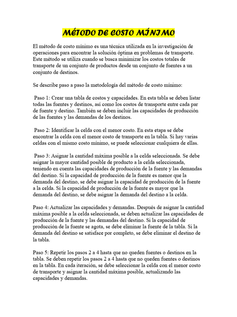 Método de Costo Mínimo | PDF | Transporte | Matemáticas Aplicadas