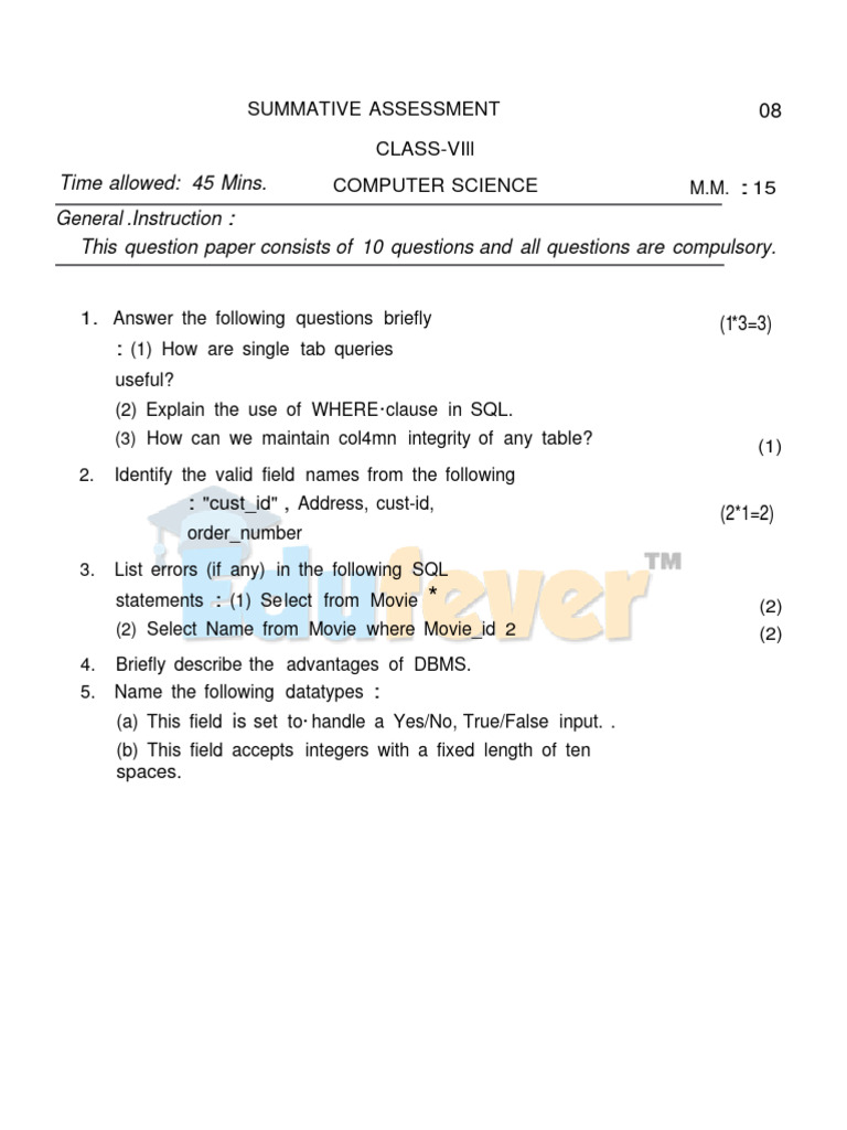 Computer Sample Paper 5 | PDF | Databases | Sql