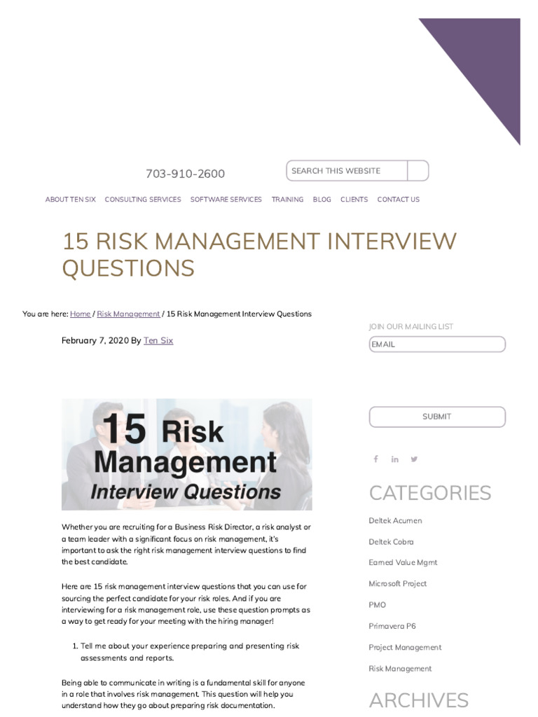 15 Risk Management Interview Questions - Ten Six Consulting | PDF ...