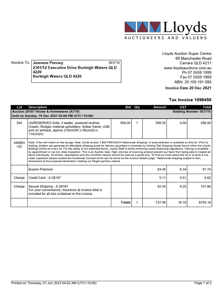 Bidder Invoice 1098458 01-06-2023 04-03-05 | PDF | Auction | Invoice