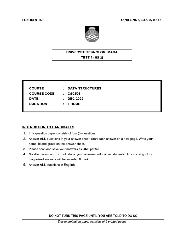 Csc508 Test 1 Set 2 Pdf Queue Abstract Data Type Computing
