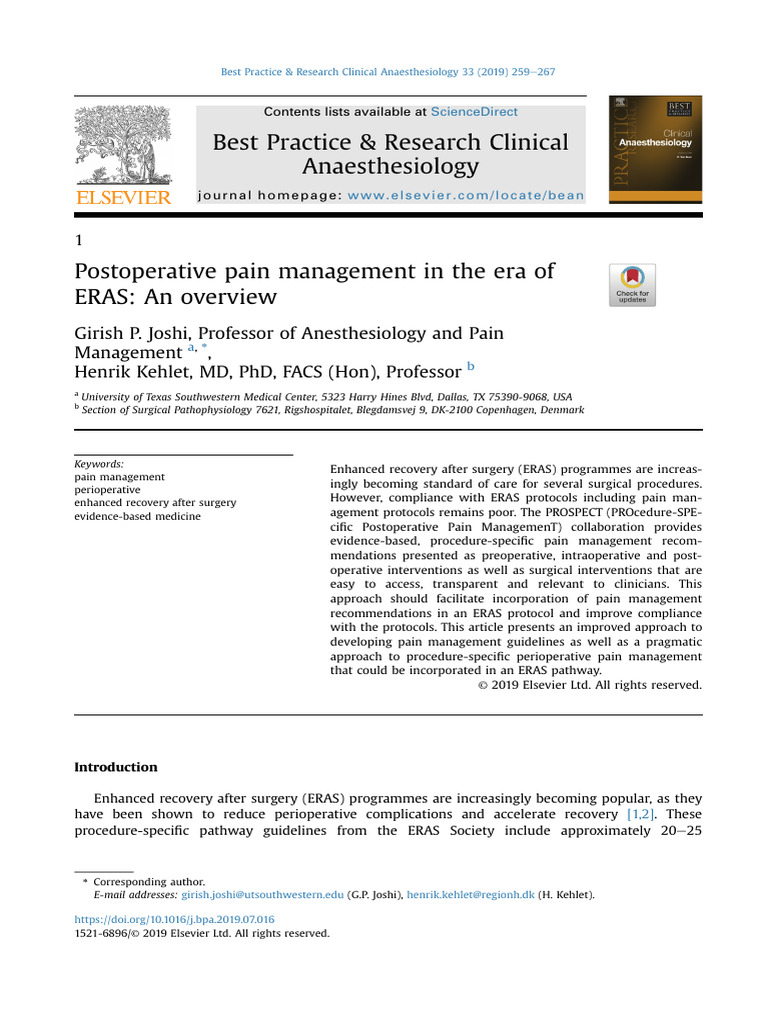 Postoperative Pain Management in The Era of ERAS - An Overview 2019 ...