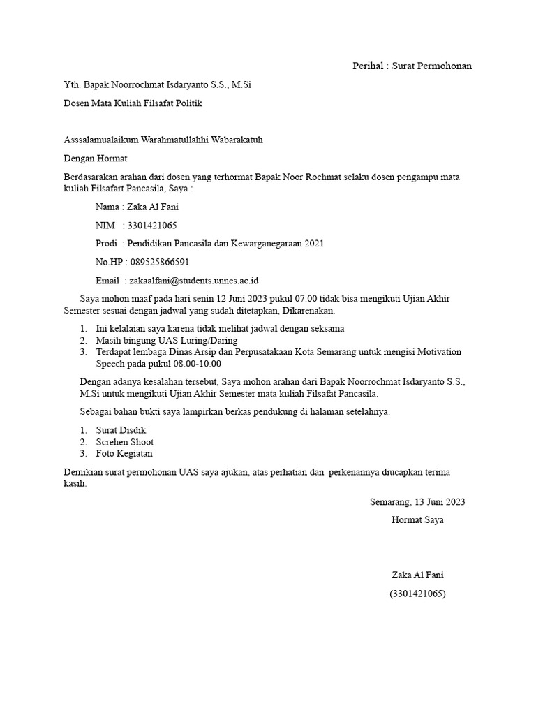 Surat Permohonan UAS | PDF