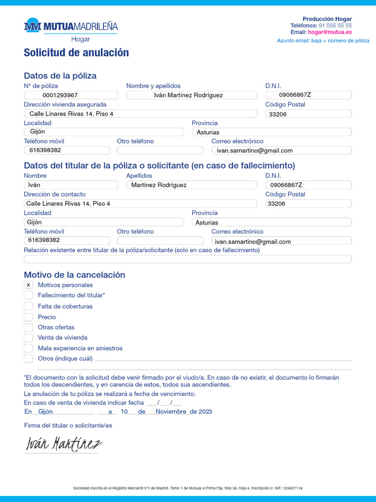 Solicitud Anulacion Poliza Hogar | PDF | Póliza de seguros