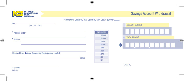 NCB Savings Account Withdrawal Slip | PDF