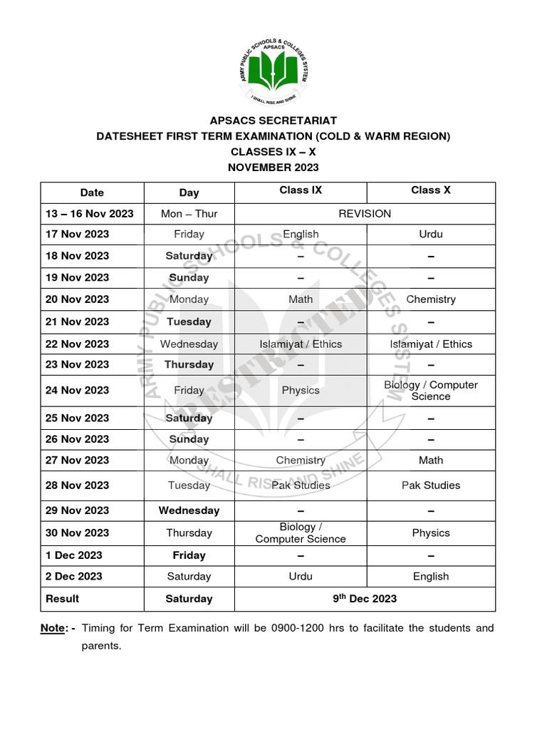 APSACS Exam Schedule Nov 2023 | PDF