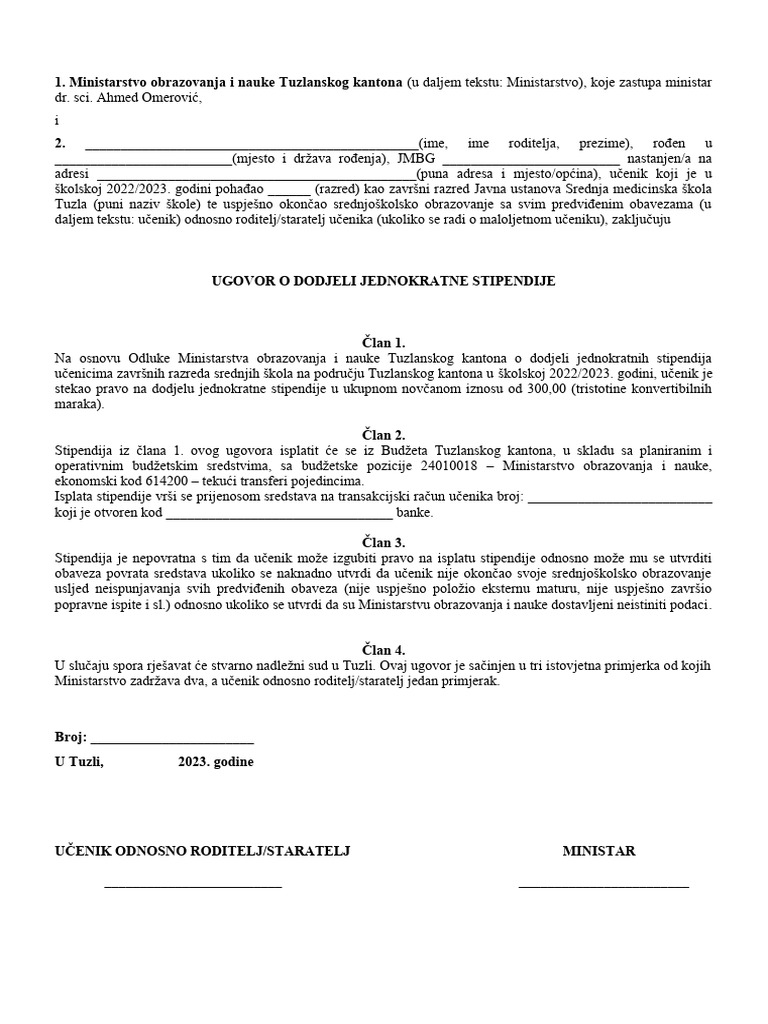 Ugovor Za Jednokratne Stipendije Maturantima | PDF