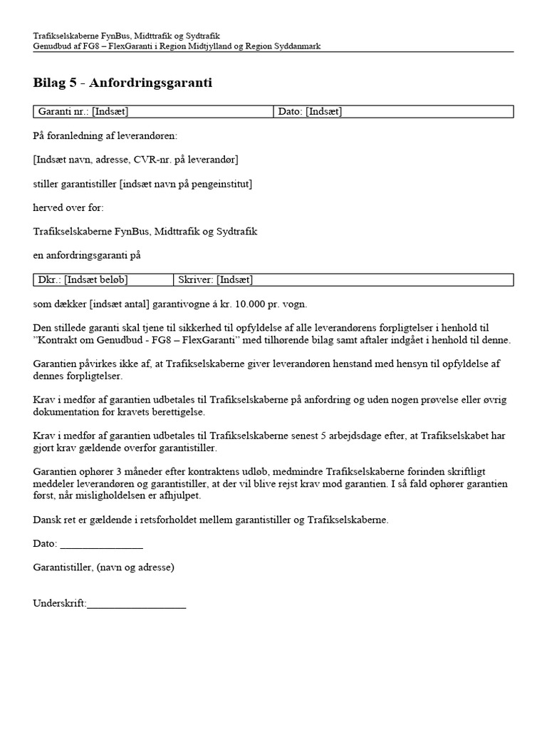 Genudbud FG8 - Bilag 5 - Skabelon For Anfordringsgaranti | PDF