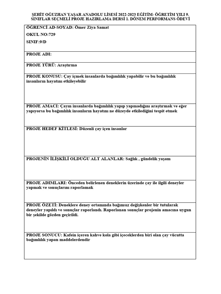 Sınıflar Proje Hazırlama Dersi 1. DÖNEM PERFORMANS ÖDEVİ | PDF