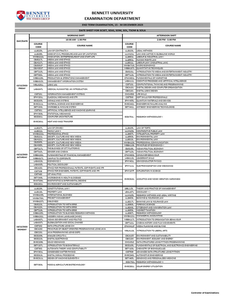 Final Date Sheet For Odd Semester End Term Examination December 2023 | PDF | Artificial ...