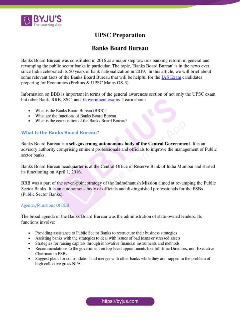 Banks Board Bureau Overview for UPSC | PDF | Reserve Bank Of India | Banks
