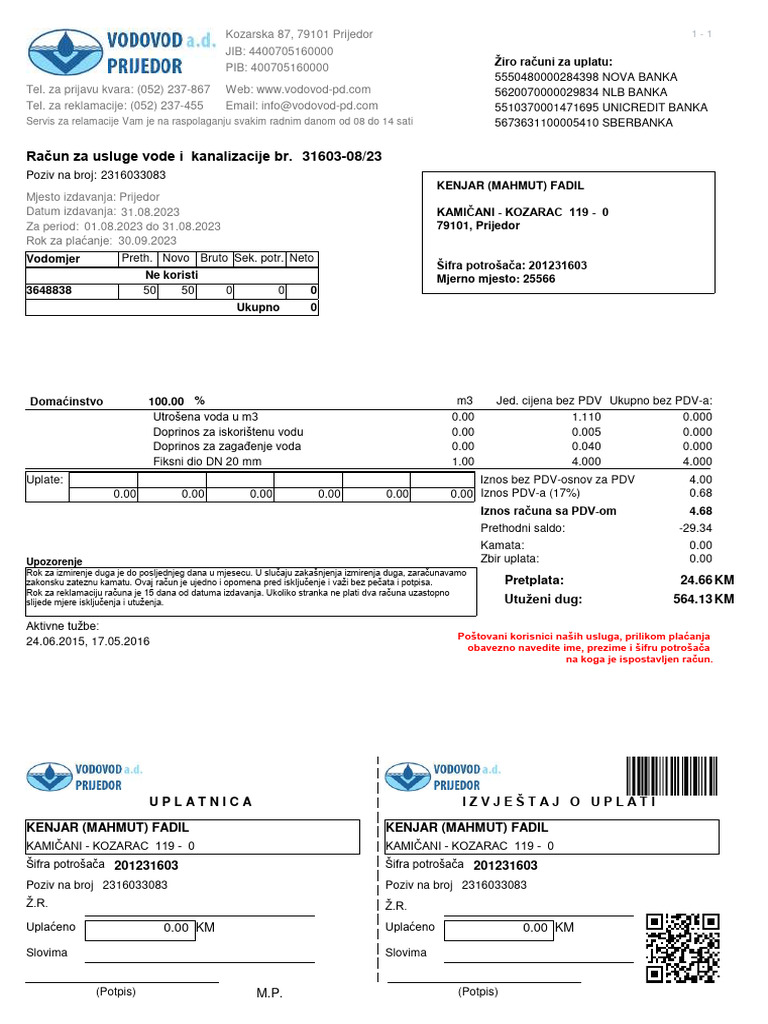 Račun Za Usluge Vode I Kanalizacije Br. 31603-08/23 | PDF