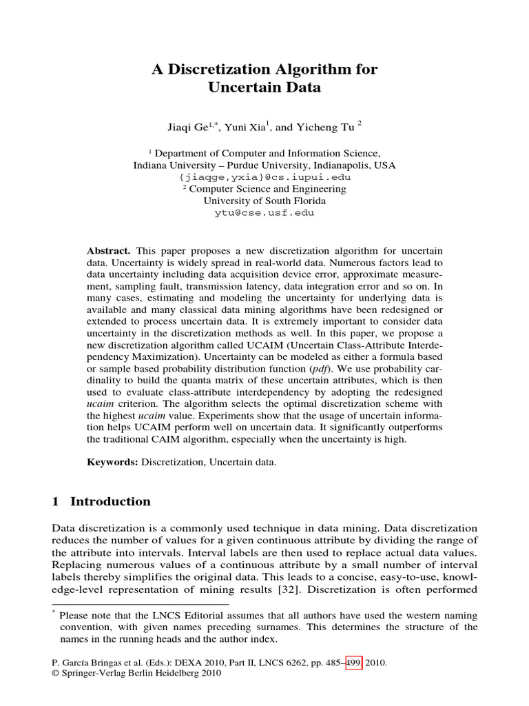 A Discretization Algorithm For Uncertain Data | PDF | Probability Density Function | Probability ...