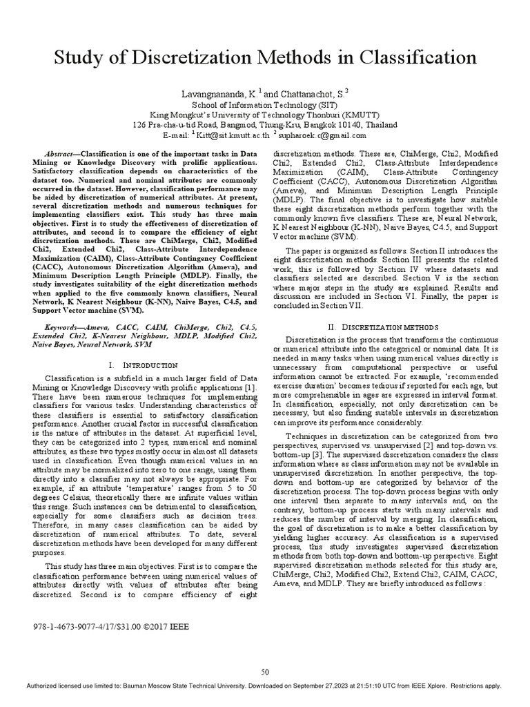 Study of Discretization Methods in Classification | PDF | Statistical Classification | Support ...