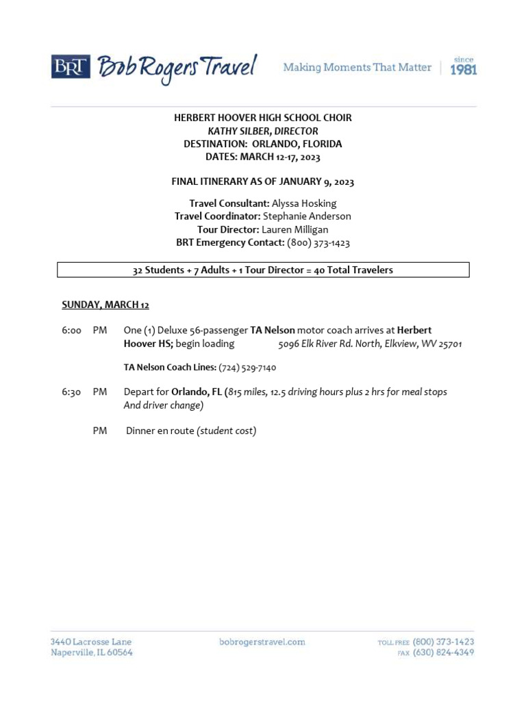 Herbert Hoover HSC Final Itin | PDF | Universal Orlando