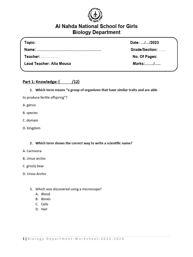 G7 Ap Test 2 Varient 1 Pdf Genus Organisms