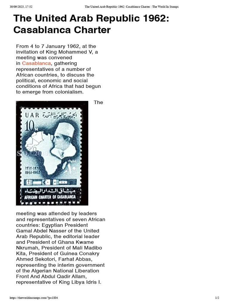 The United Arab Republic 1962 - Casablanca Charter - The World in ...