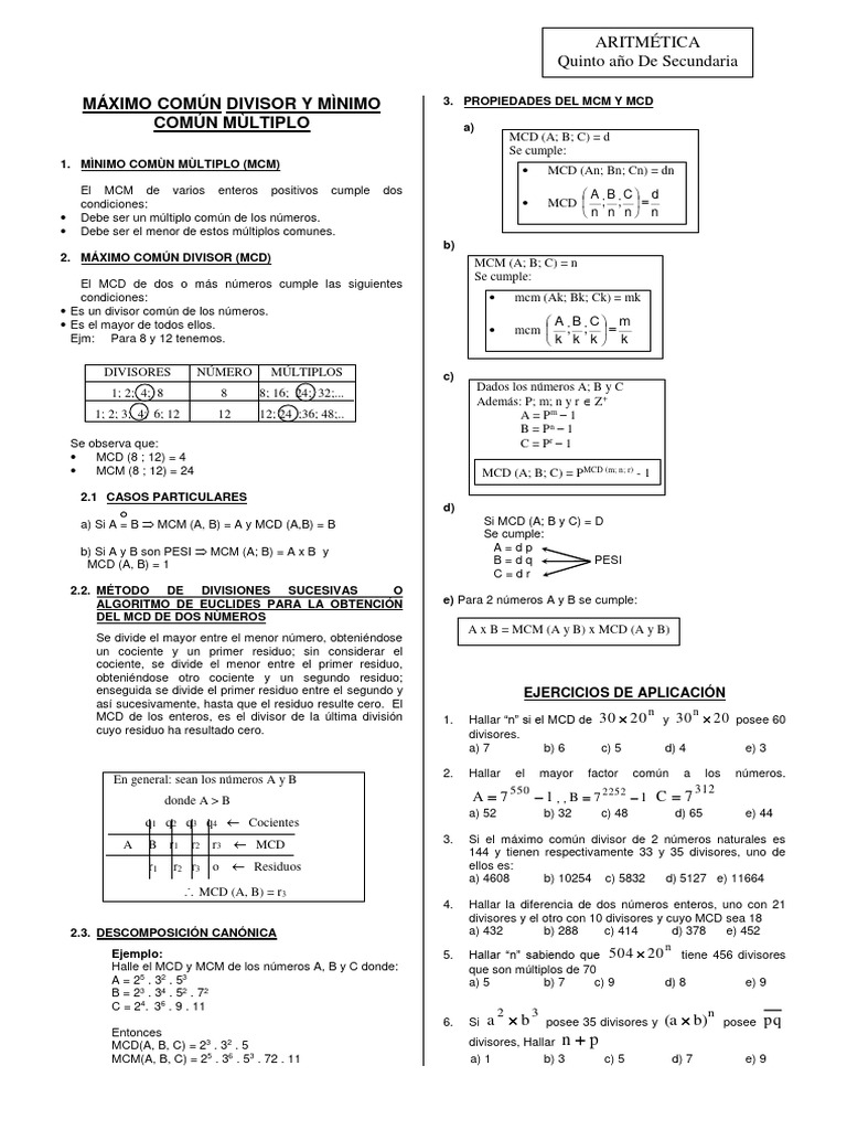 MCD y MCM | PDF | División (Matemáticas) | Matemática Elemental