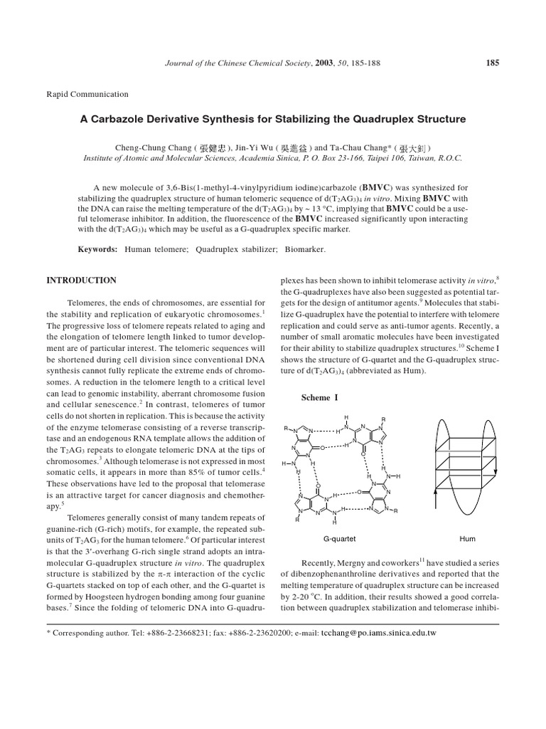 A Carbazole Derivative Synthesis For Stabilizing The Quadruplex ...
