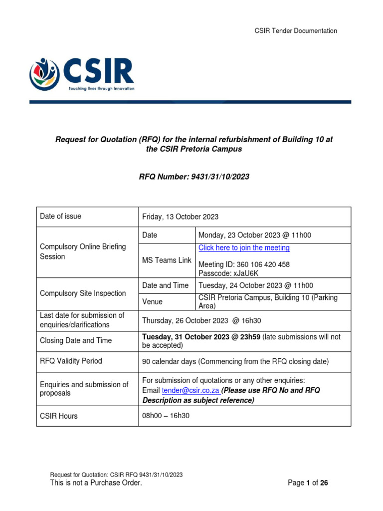 Csir RFQ 9431-31-10-2023 | PDF | Procurement | Breach Of Contract