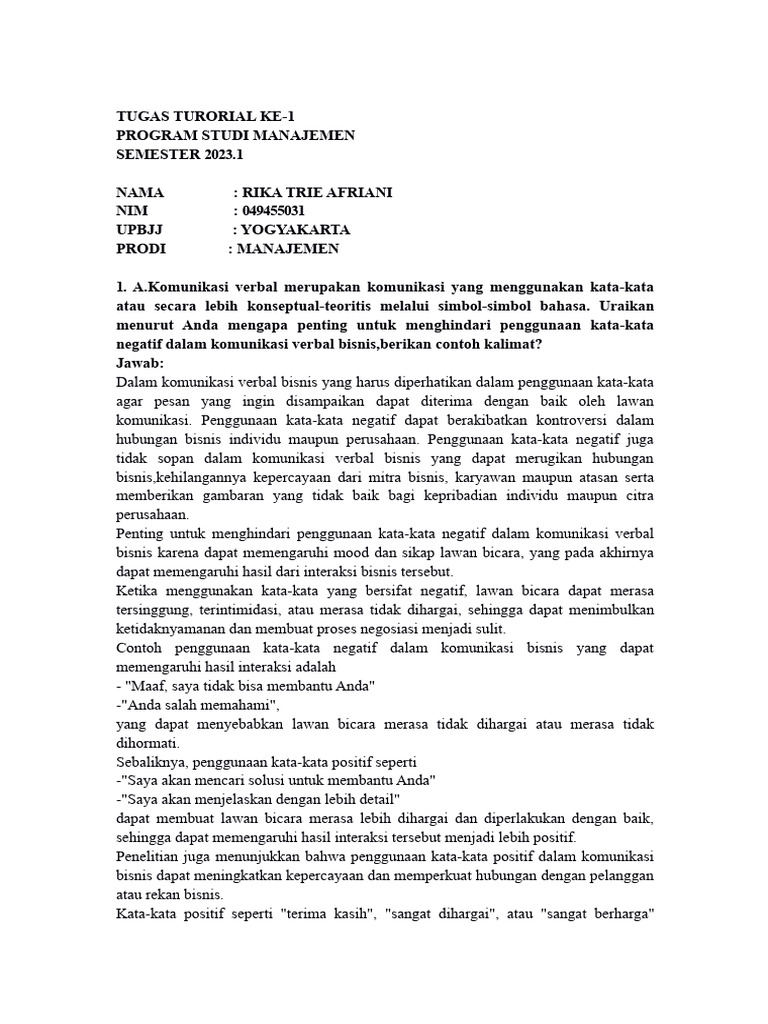 Tugas 1 Komunikasi Bisnis | PDF | Karier & Perkembangan