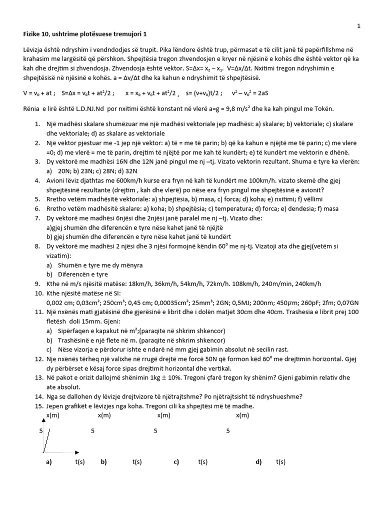 Ushtrime Plotesuese Trem 1 Fizike 10. Viti 22-23 | PDF