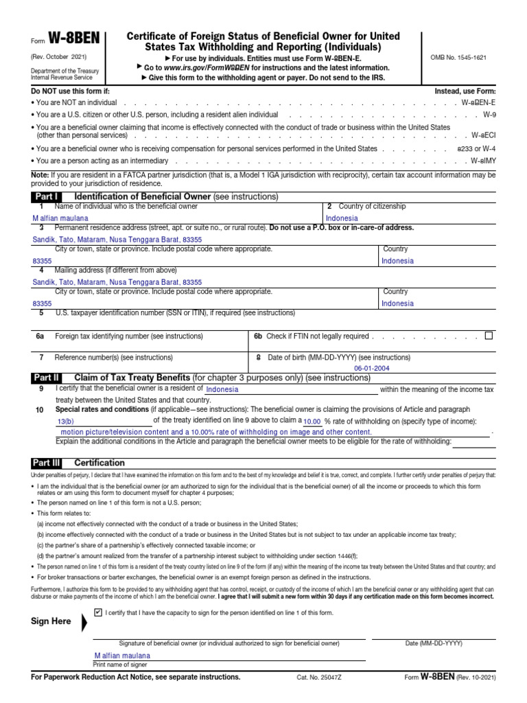 W-8BEN: Certificate of Foreign Status of Beneficial Owner For United ...