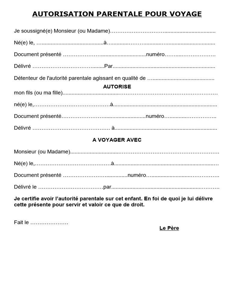 Autorisation parentale pour voyage mineur | PDF