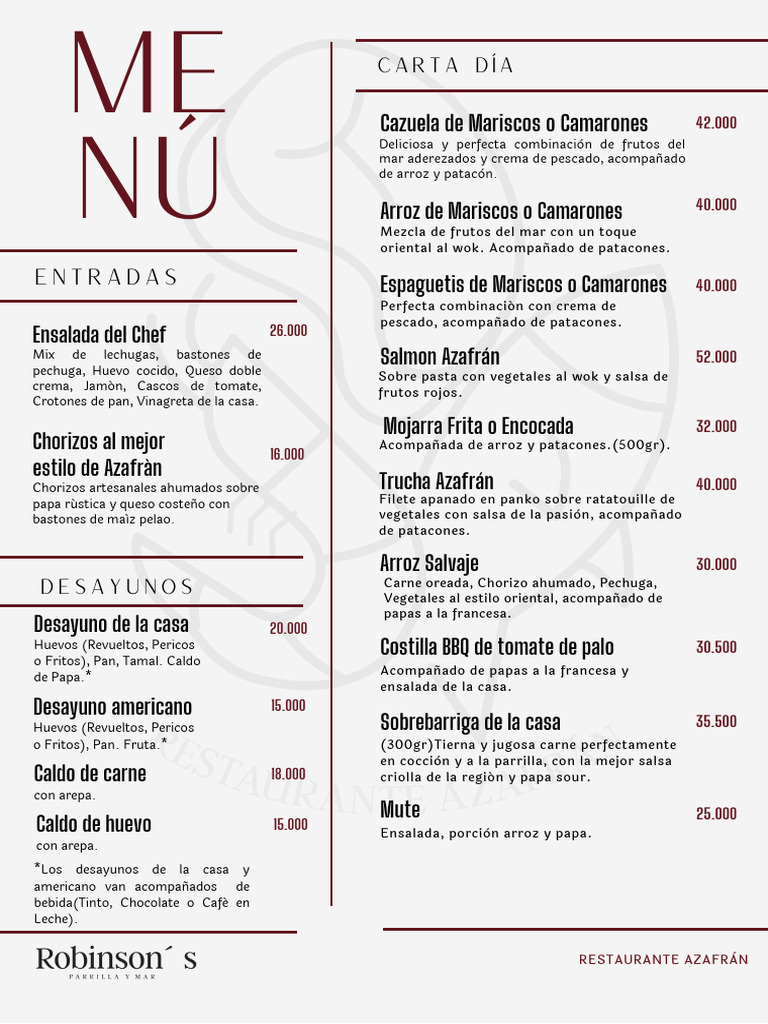 Menu A4 Restaurante Azafran | PDF | Hamburguesas | Carne