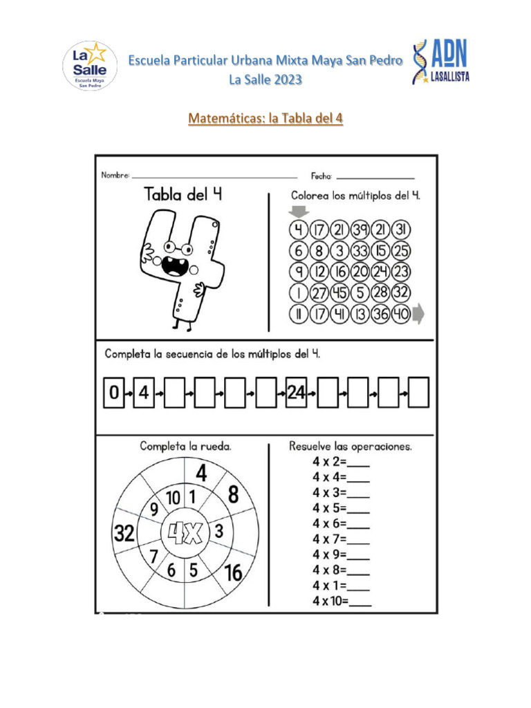 Tabla de Multiplicar de 4 | PDF