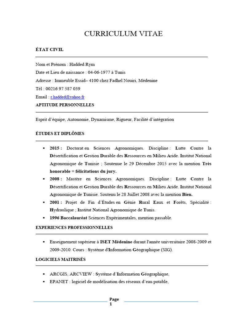CV de Rym Hadded - Expert en Gestion de l'Eau | PDF | Agronomie ...