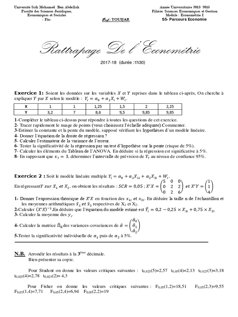 Examen Econometrie Sans Corréction | PDF | Régression linéaire ...