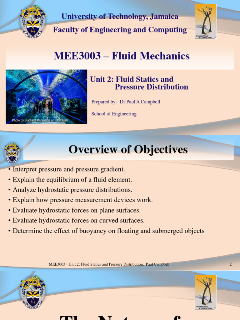 MEE3003 - 2a - Fluid Statics and Pressure Distribution | PDF | Buoyancy | Pressure Measurement