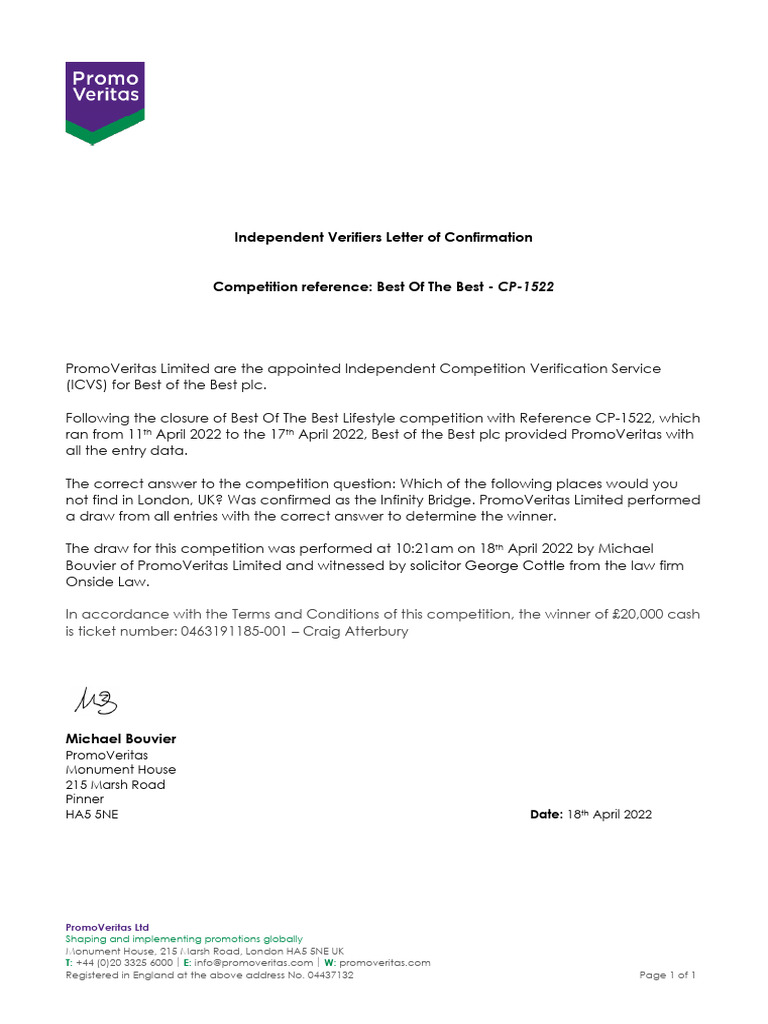 Botb Verification Letter Cp1522 | PDF