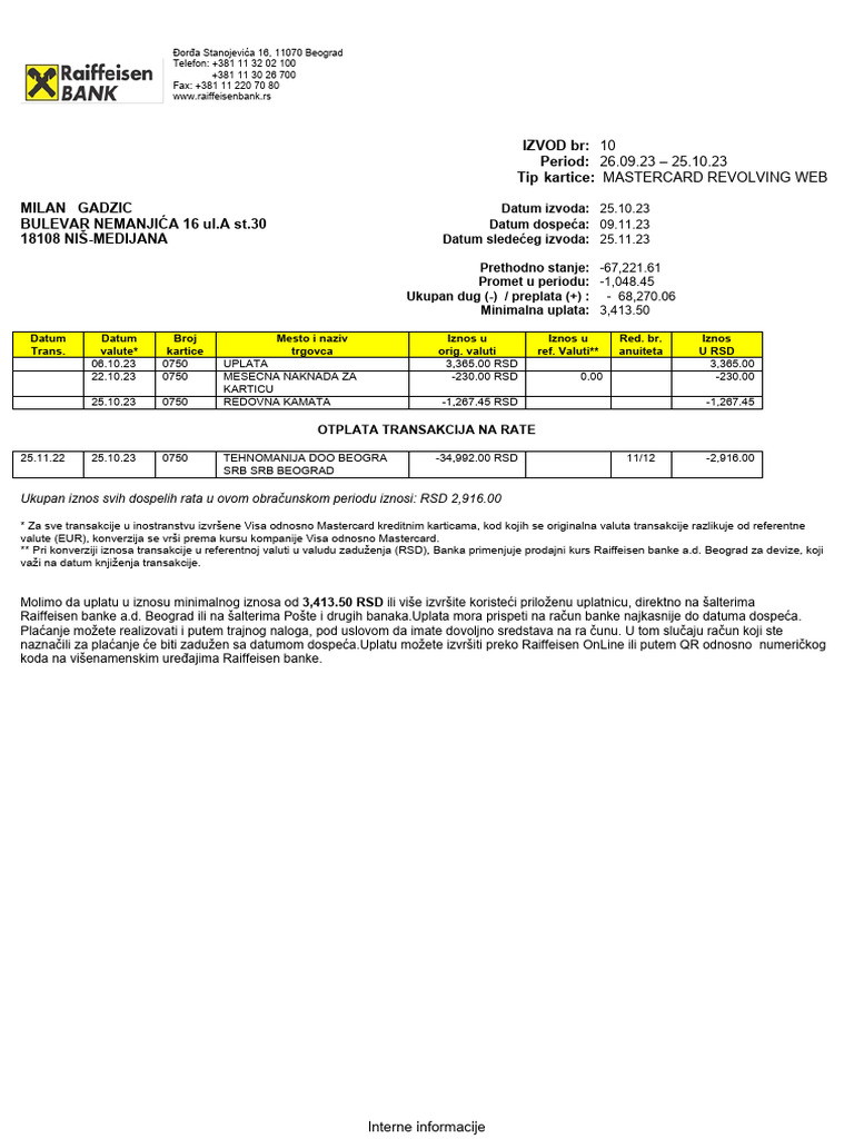 Izvod Broj 10 Po Kreditnoj Kartici 518289XXXXXX9818 | PDF