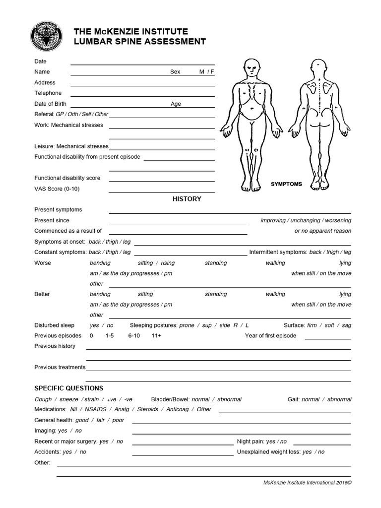 Lumbar Spine Assessment Form | PDF | Clinical Medicine | Diseases And ...