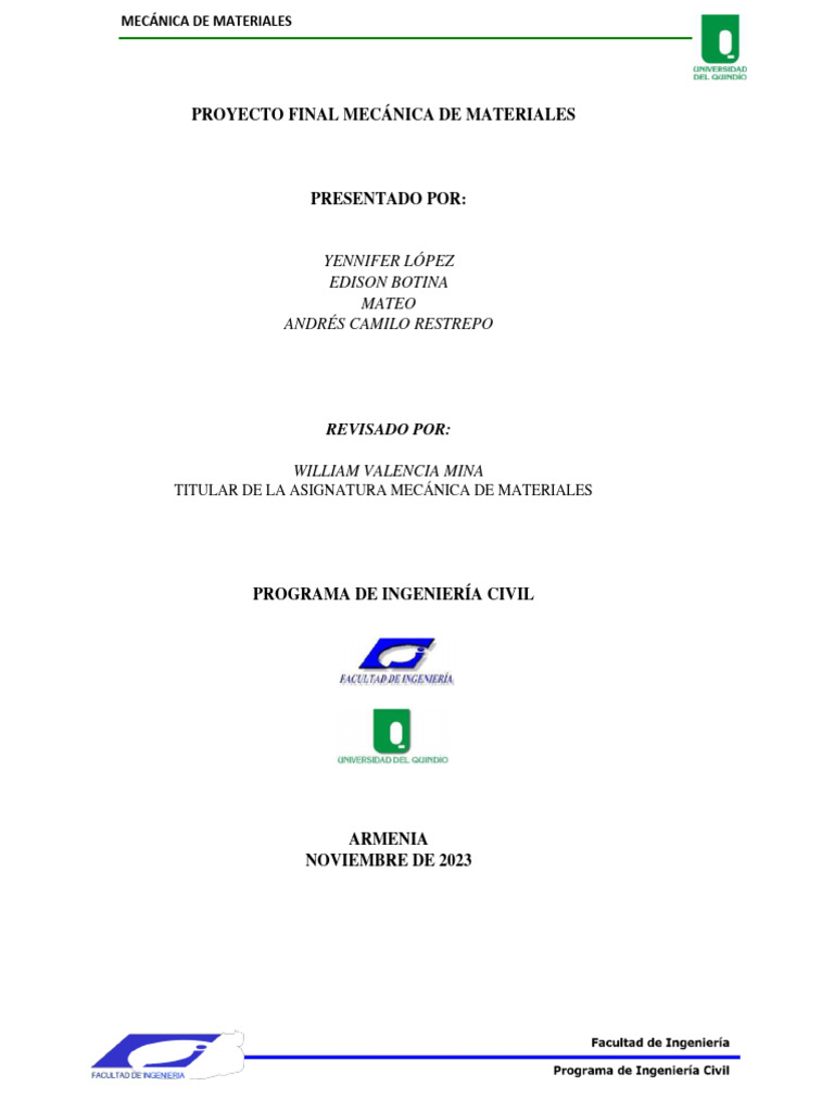 Proyecto Final Mecánica de Materiales - 1 | PDF | Resistencia de materiales | Viga (Estructura)