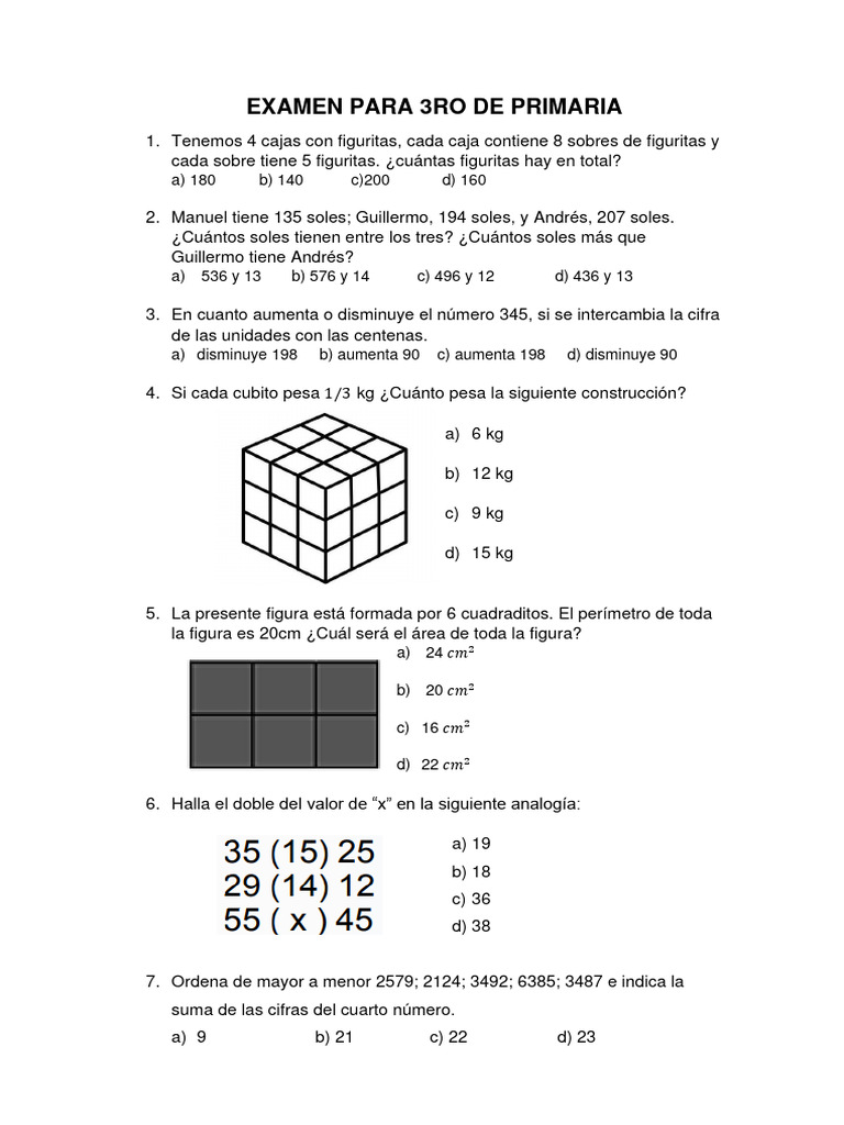 Examen para 3ro de Primaria | PDF | Sustracción