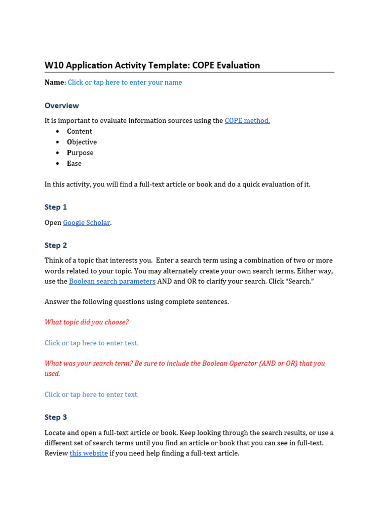 pc103 Document w10ApplicationActivityTemplate COPEEvaluation | PDF ...