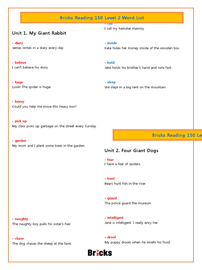 Bricks Reading 150 - L2 - Word List - Eng | PDF