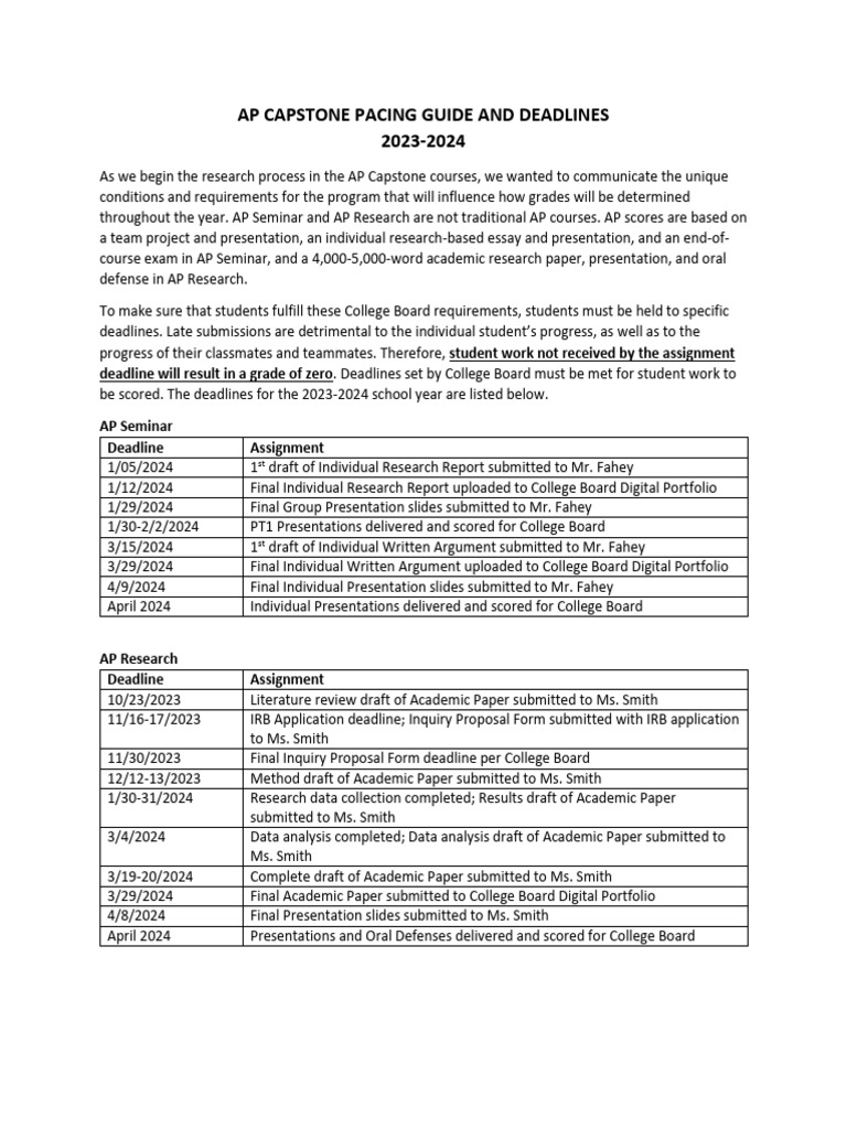 Ap Capstone Pacing Guide and Deadlines 2023-24 | PDF | Advanced ...