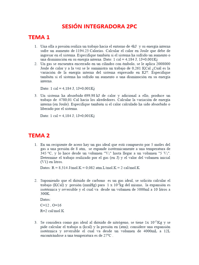 Ejercicios de La Sesion Integradora 2pc | PDF | Entalpía | Caloría