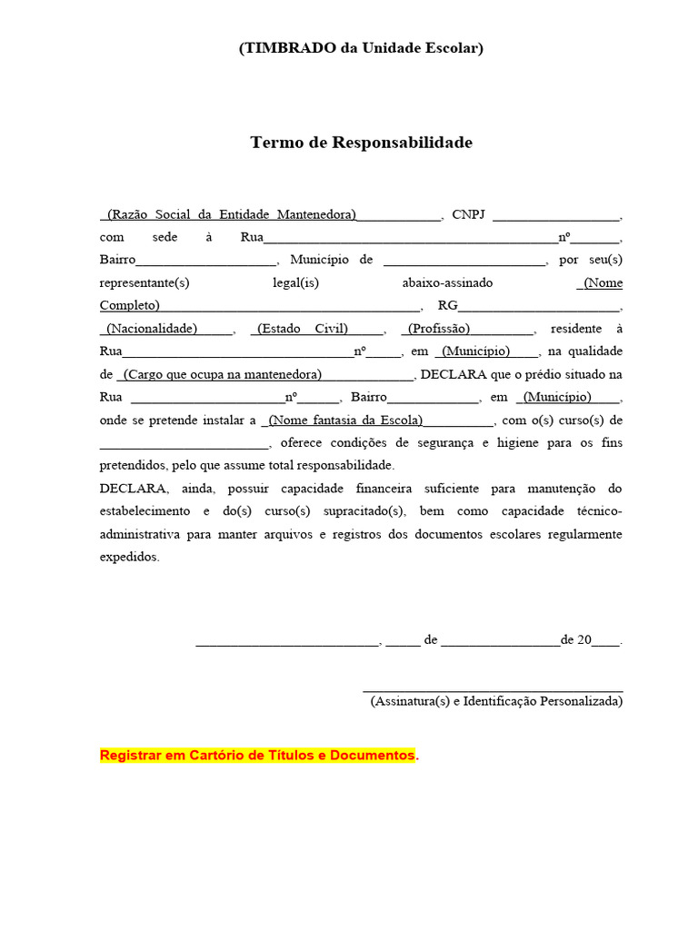 Modelo Termo de Responsabilidade para Autorizao de Escola | PDF | Negócios